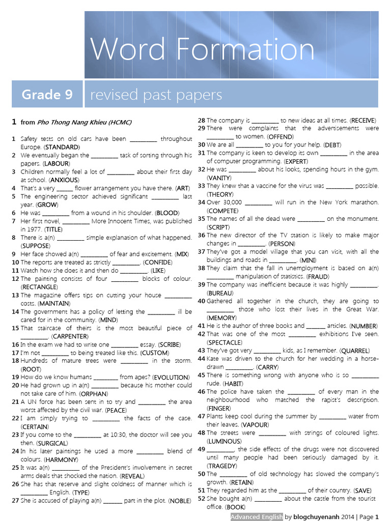 Grade 9 Word Formation Exercises | PDF