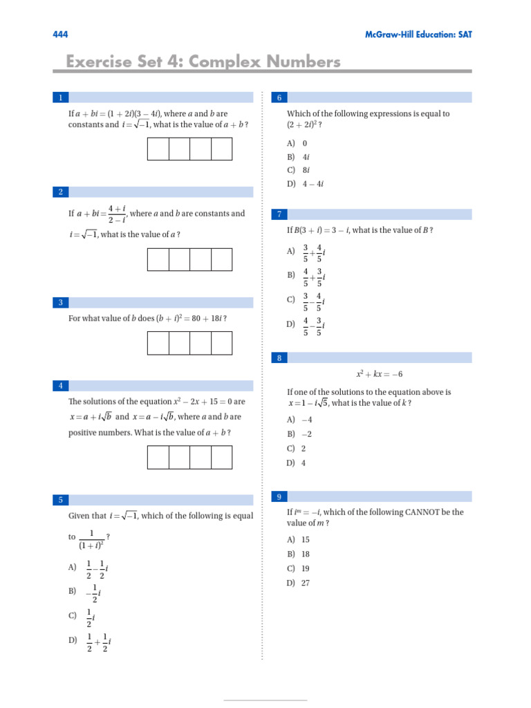 SAT Complex Numbers Exercises | PDF | Mathematical Objects | Mathematical Concepts
