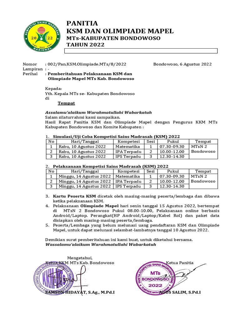 Pelaksanaan KSM dan Olimpiade Mapel 2022 | PDF