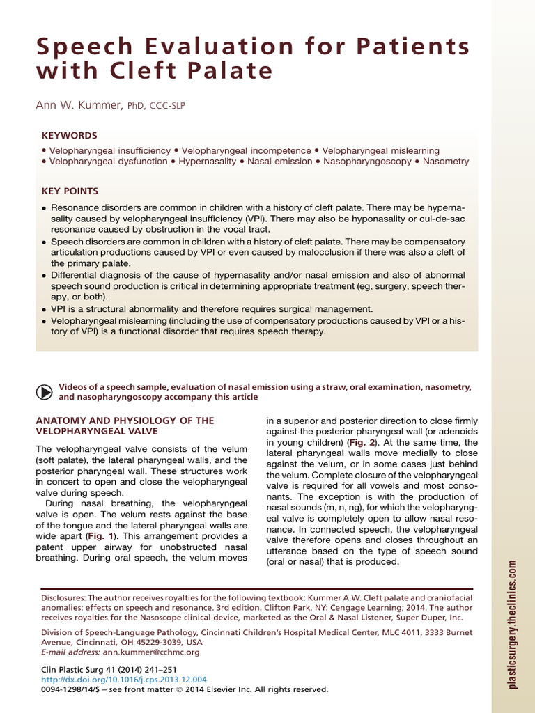 Speech Evaluation For Patients With Cleft Palate C Pdf Phonetics Face