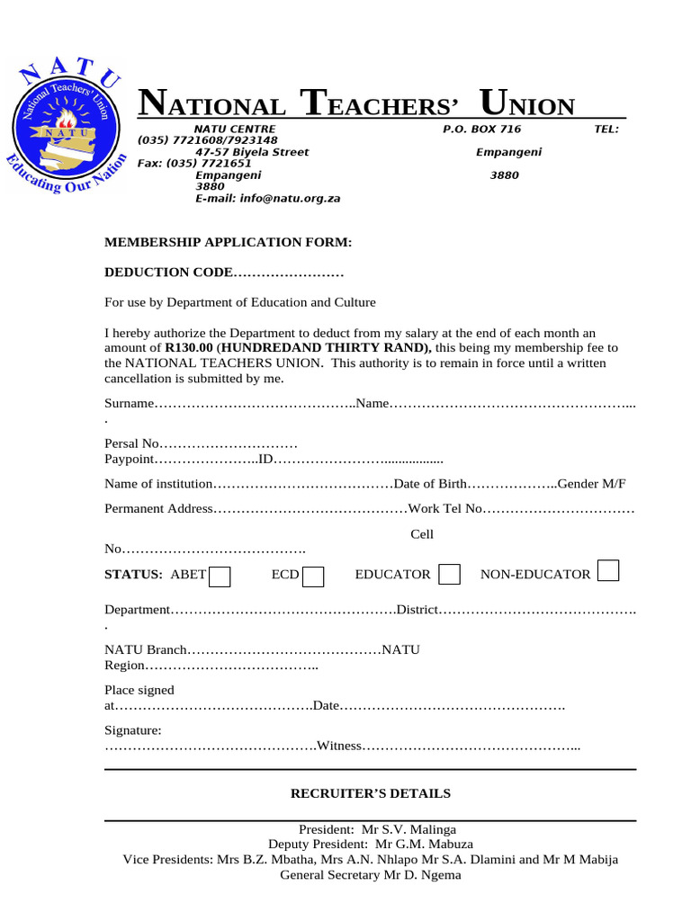 NATU Membership Application & Cancellation Form | PDF