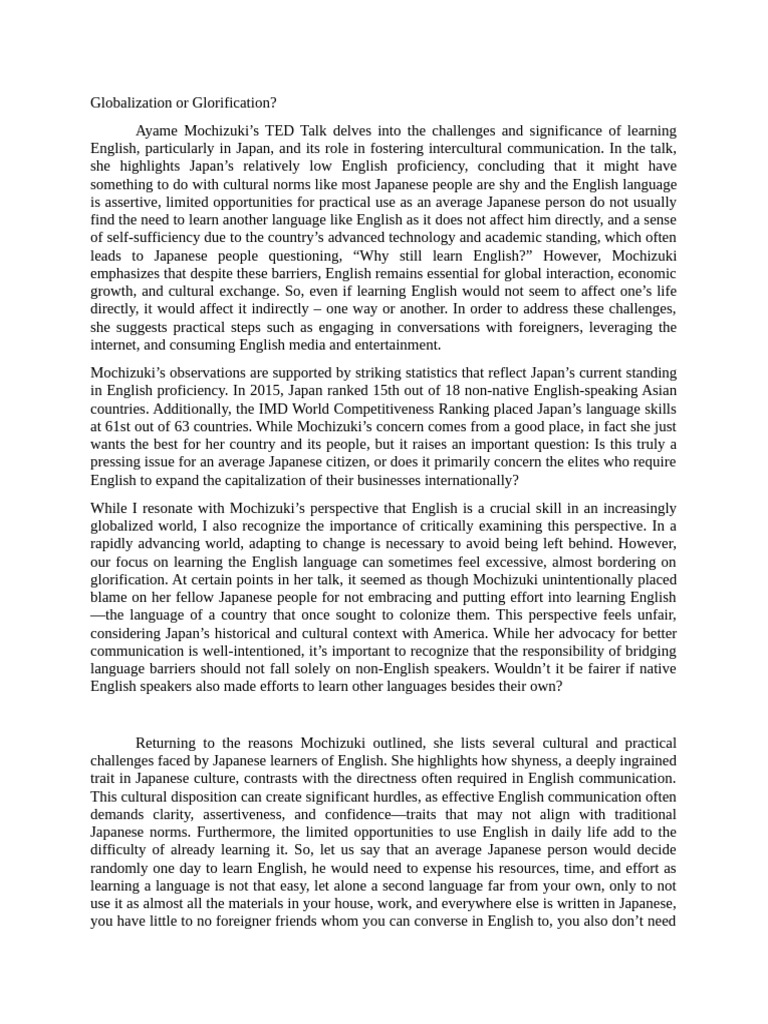 Globalization or Glorification PC-A Reflection Paper | PDF | Cross Cultural Communication ...