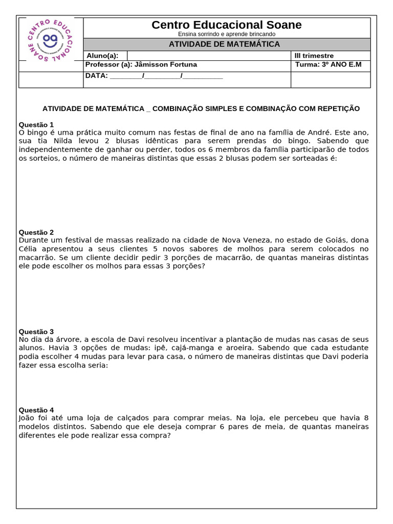 Atividade de Matemática 3º Ano - COMBINAÇÃO SIMPLES E COMBINAÇÃO COM ...