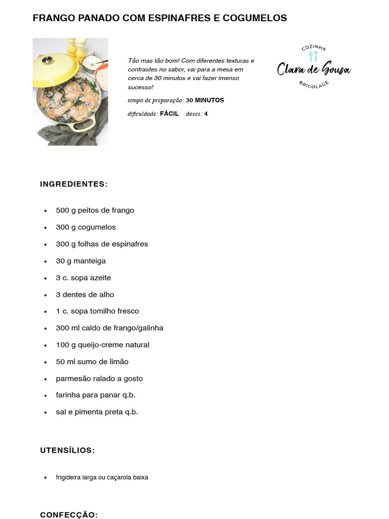 Receita de Frango Panado Com Espinafres e Cogumelos - Clara de Sousa ...