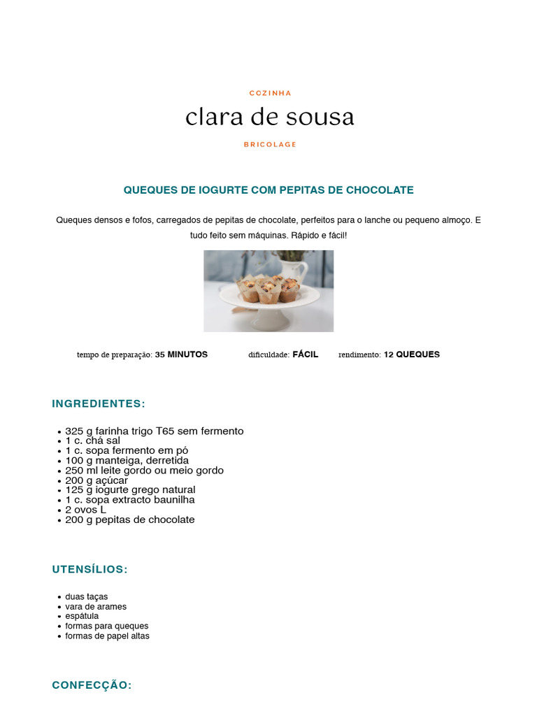 Queques de Iogurte Com Pepitas de Chocolate - Clara de Sousa | PDF