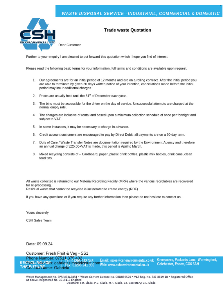 Trade Waste Quotation - Fresh Fruit and Veg | PDF | Recycling | Waste