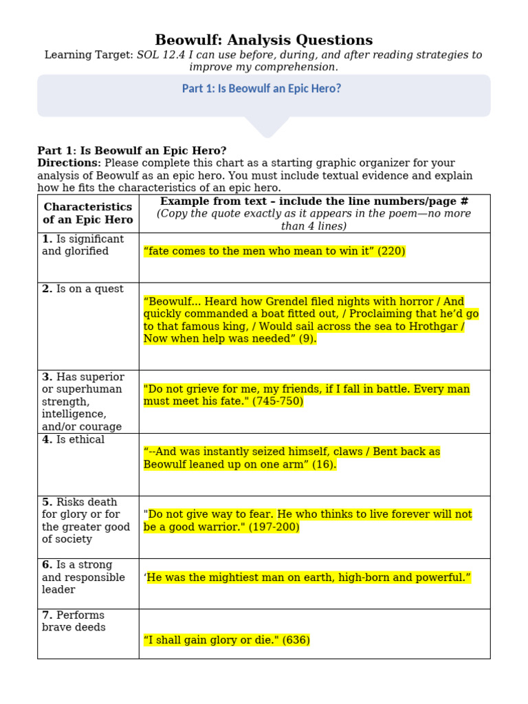( Beowulf Analysis Questions) Beowulf Analysis Questions Updated | PDF | Beowulf | English ...