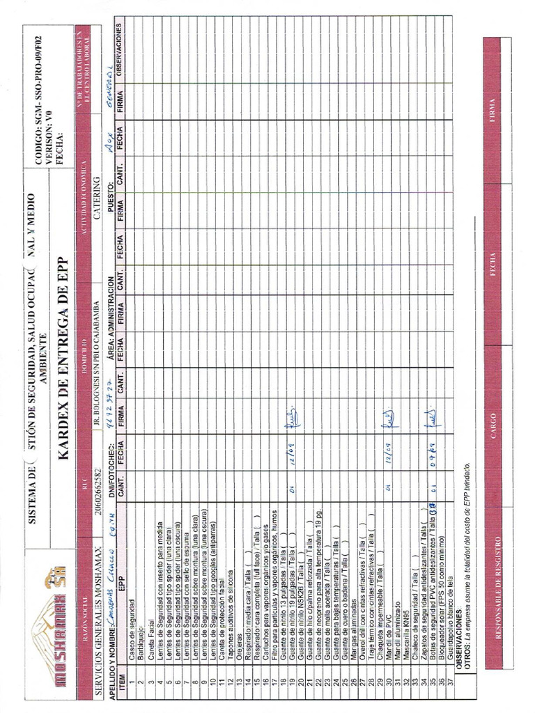 KARDEX DE ENTREGA DE EPP | PDF