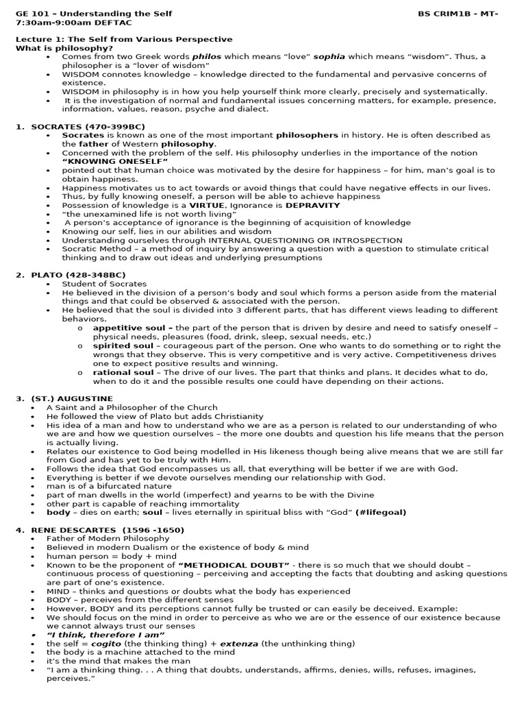 Hand Out 1 The Self From Various Perspectives | PDF | Philosophy Of ...