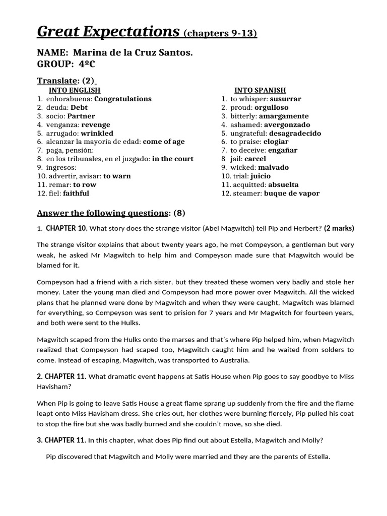 Great Expectations Test. Chapters 9-13 - Marina de La Cruz | PDF ...