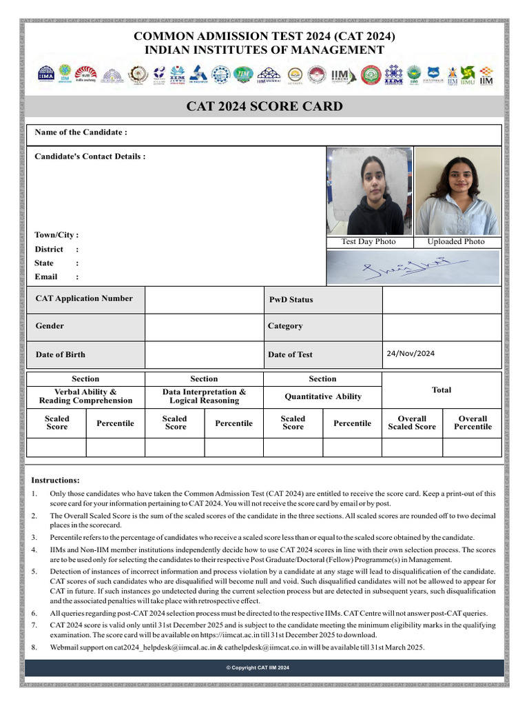 CAT 2024 Score Card Overview | PDF