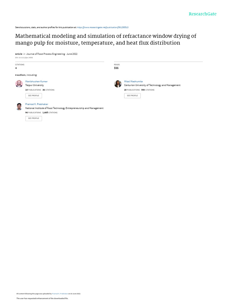 Mathematical Modeling and Simulation of Refractance Window Drying of Mango Pulp For Moisture ...