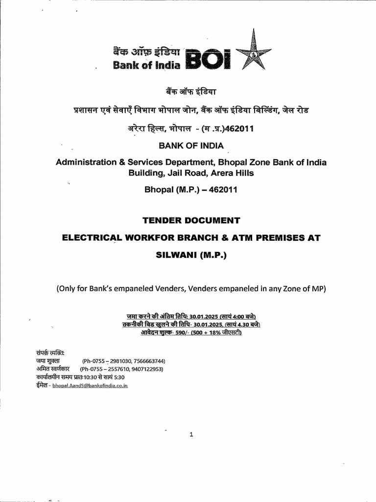 Tender For Electrical Work of Silwani Branch (New) - Bhopal Zone10-01 ...