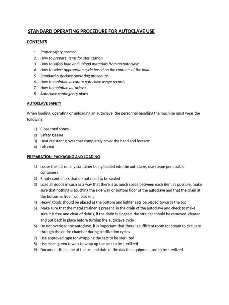 Autoclave Standard Operating Procedure | PDF | Sterilization (Microbiology)