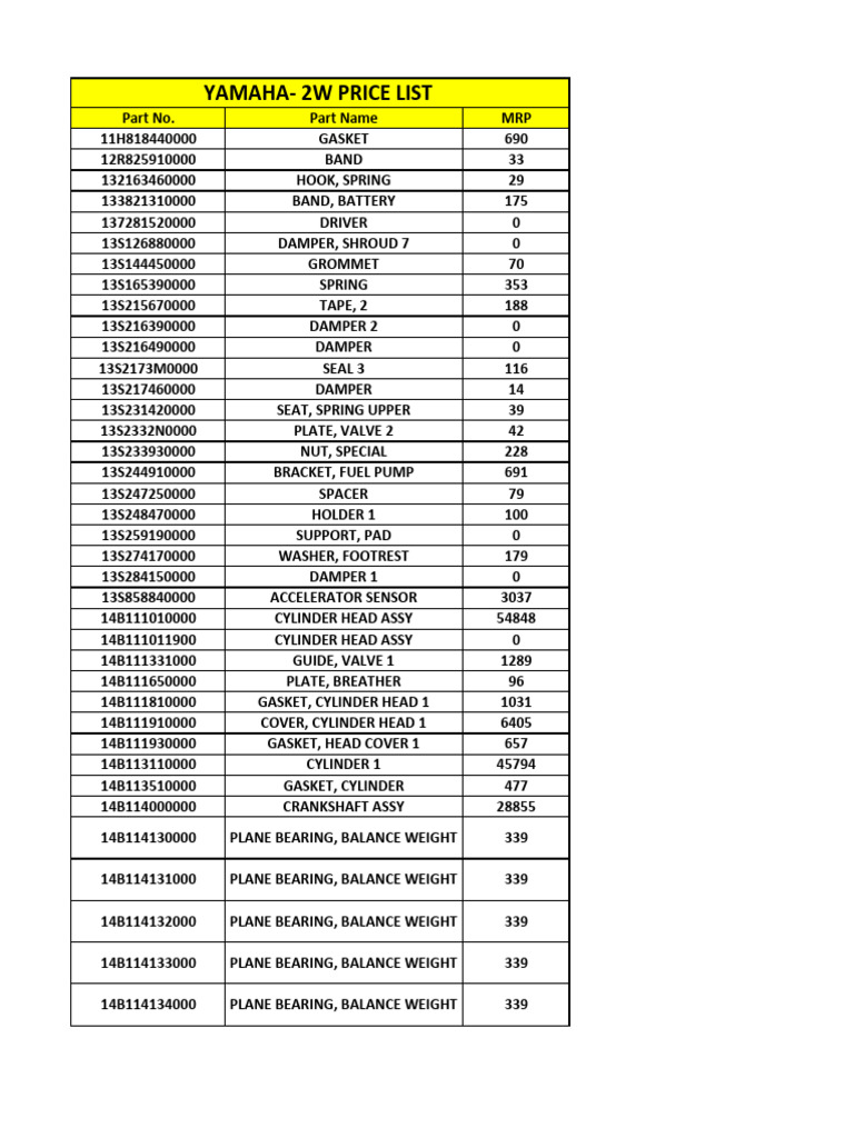 Yamaha Price List | PDF | Engines | Mechanical Engineering