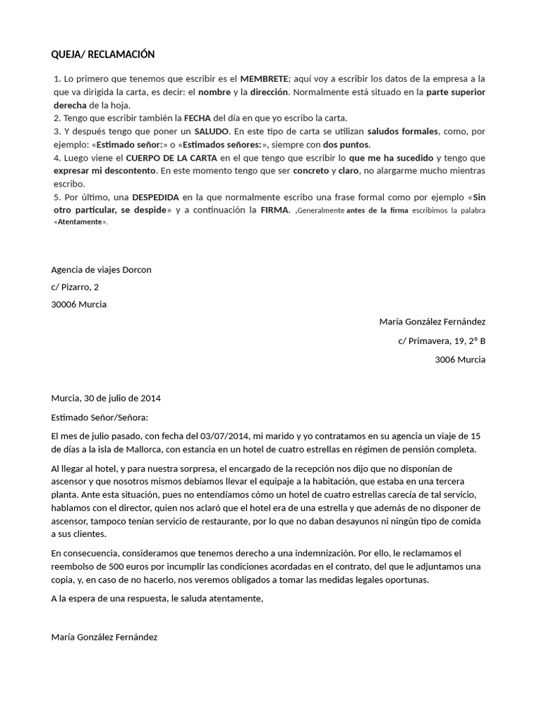Modelo de carta de reclamación hotel | PDF | Hotel
