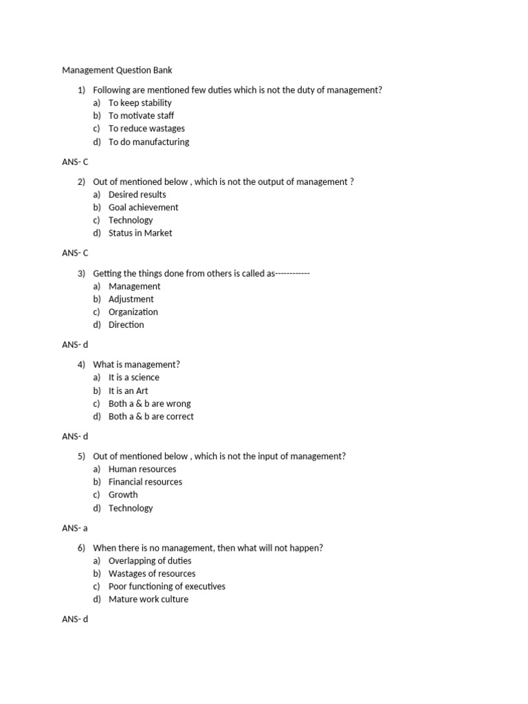 Management Question Bank | PDF | Human Resources | Business
