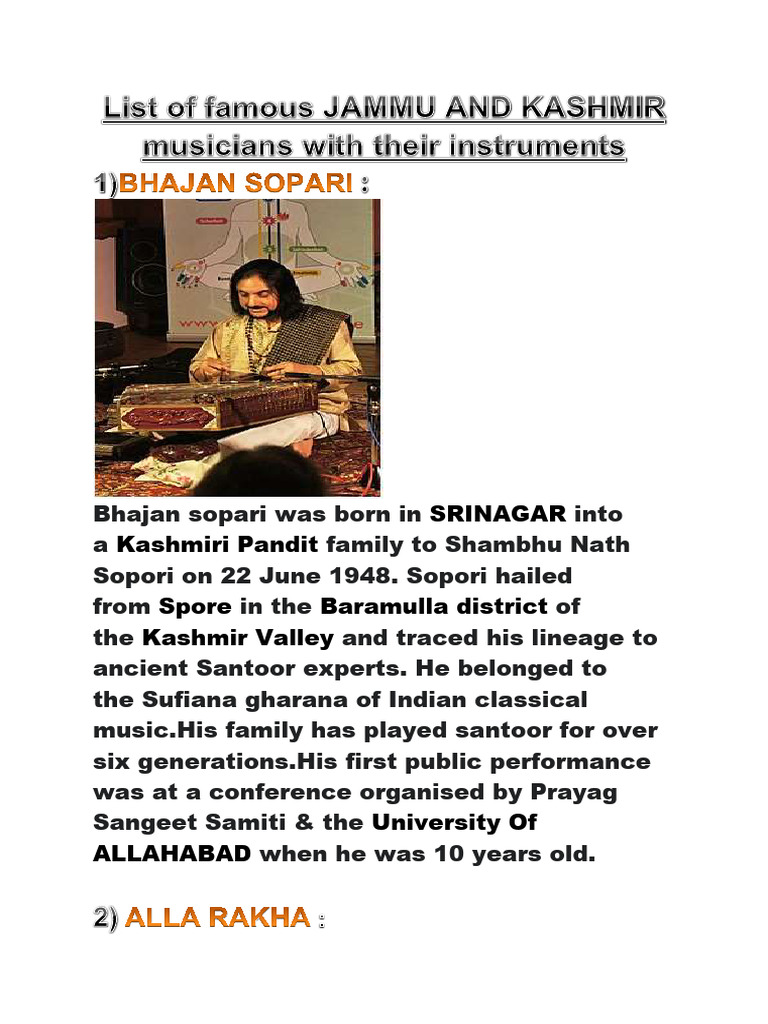 List of Famous JAMMU and KASHMIR Musicians With Their Instruments | PDF ...