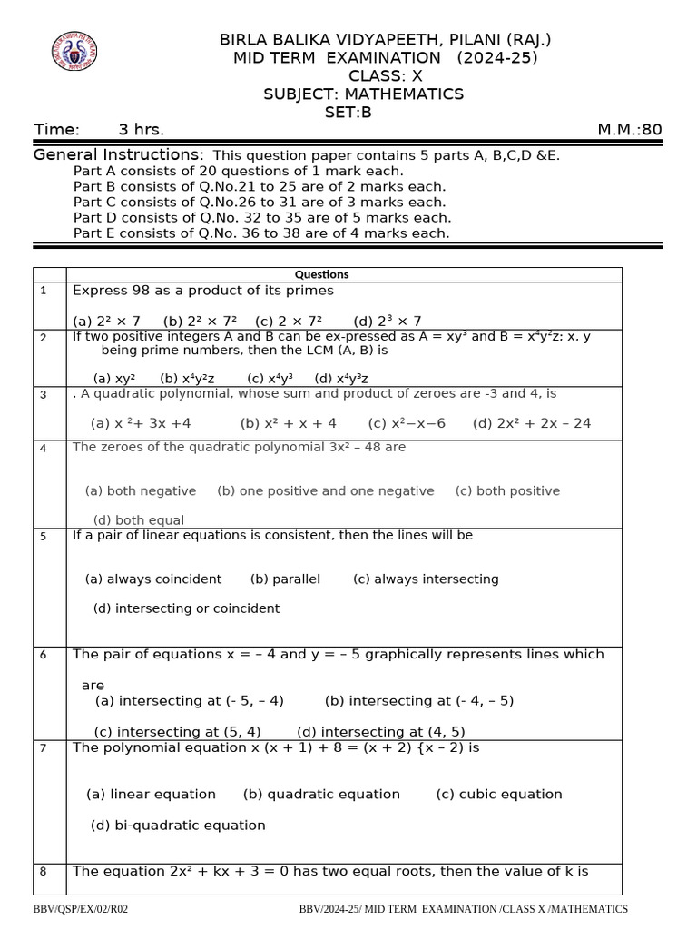 Mid Term 2024-25 Classx Final | PDF | Equations | Polynomial