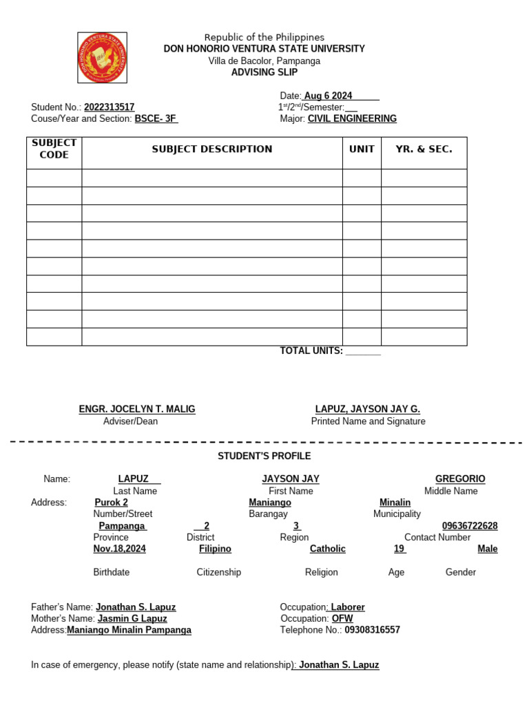 Advising Slip for Civil Engineering Student | PDF