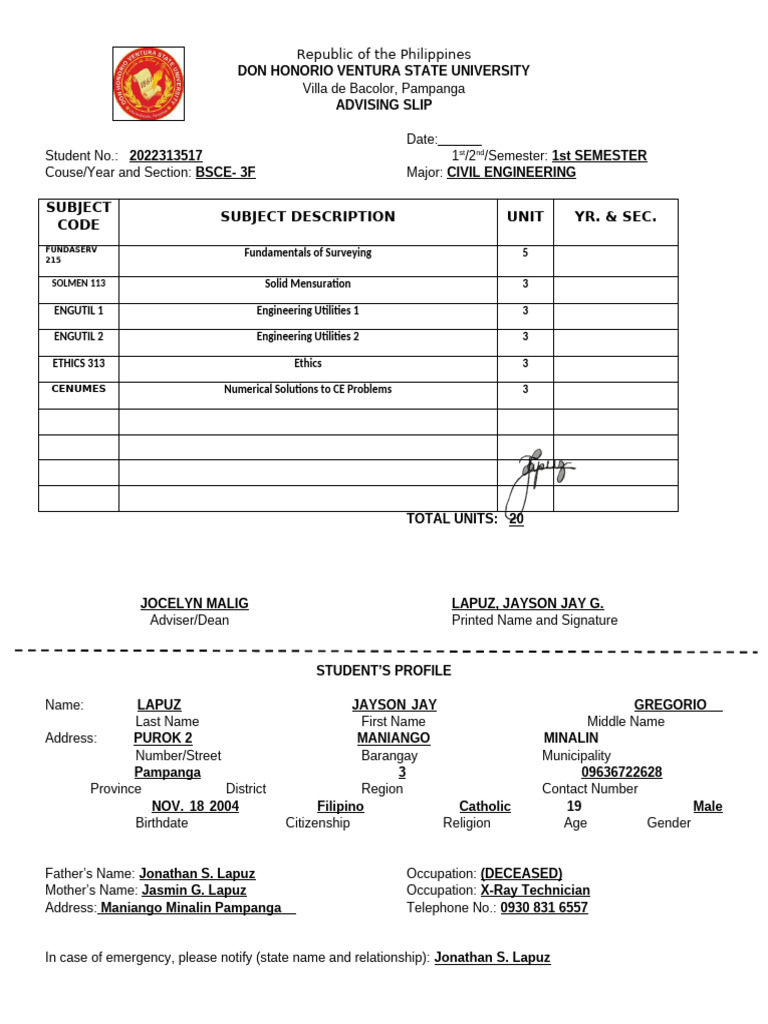 Advising Slip 1st Sem 2024-2025 | PDF