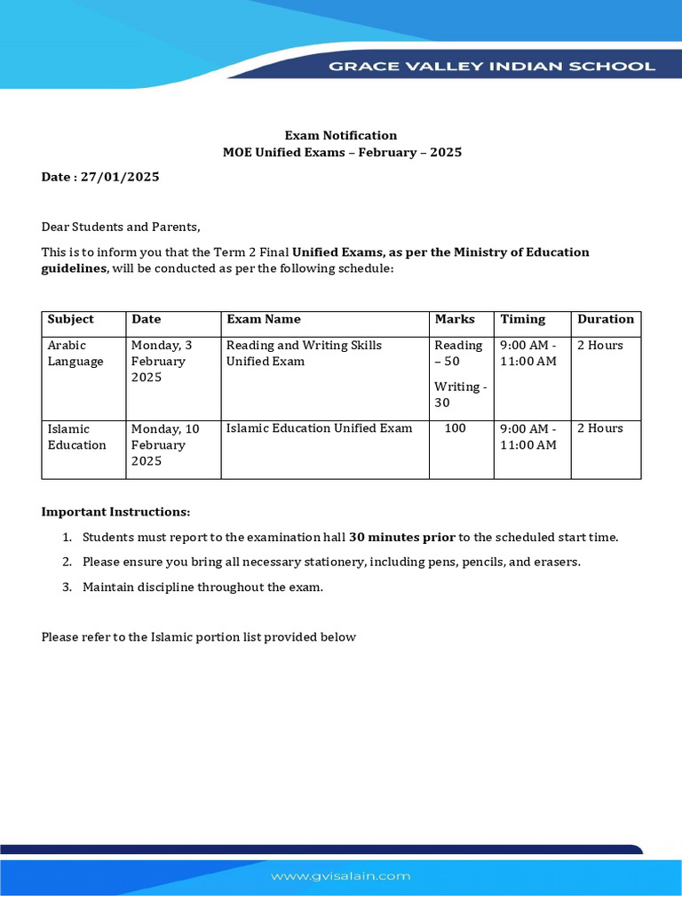 MOE Final Exam Notification | PDF