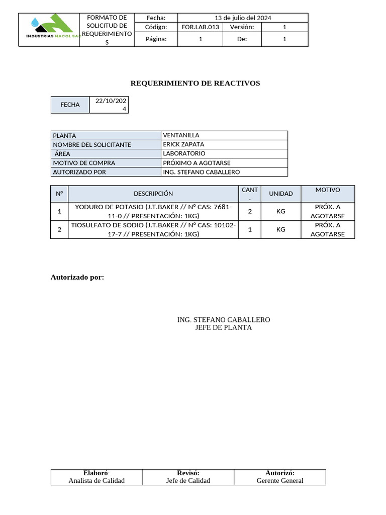 For - Cal.0013 - Formato de Solicitud de Requerimientos | PDF