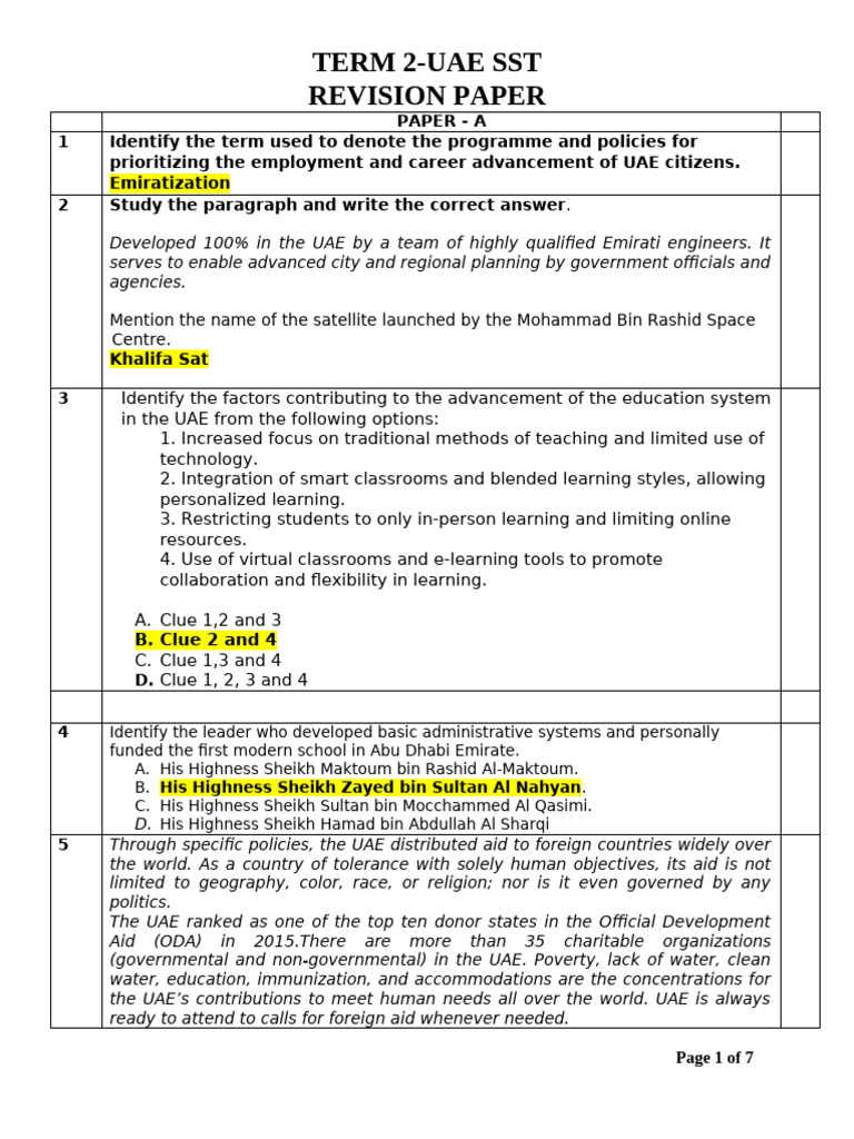 Term 2-Uae SST Revision Paper | PDF | United Arab Emirates