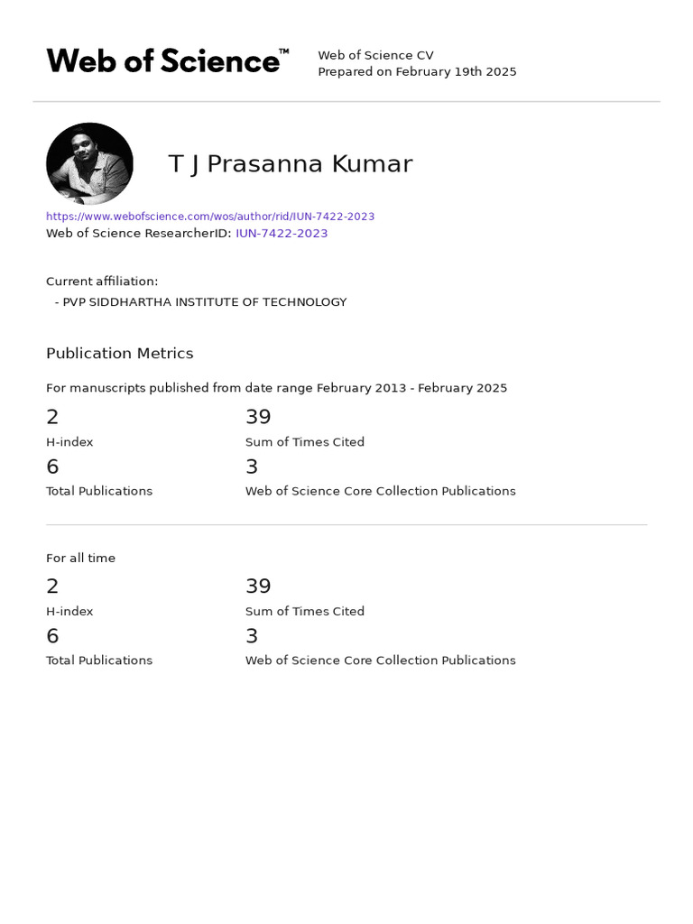 T J Prasanna Kumar's Web of Science CV | PDF | Graphene | Nanocomposite