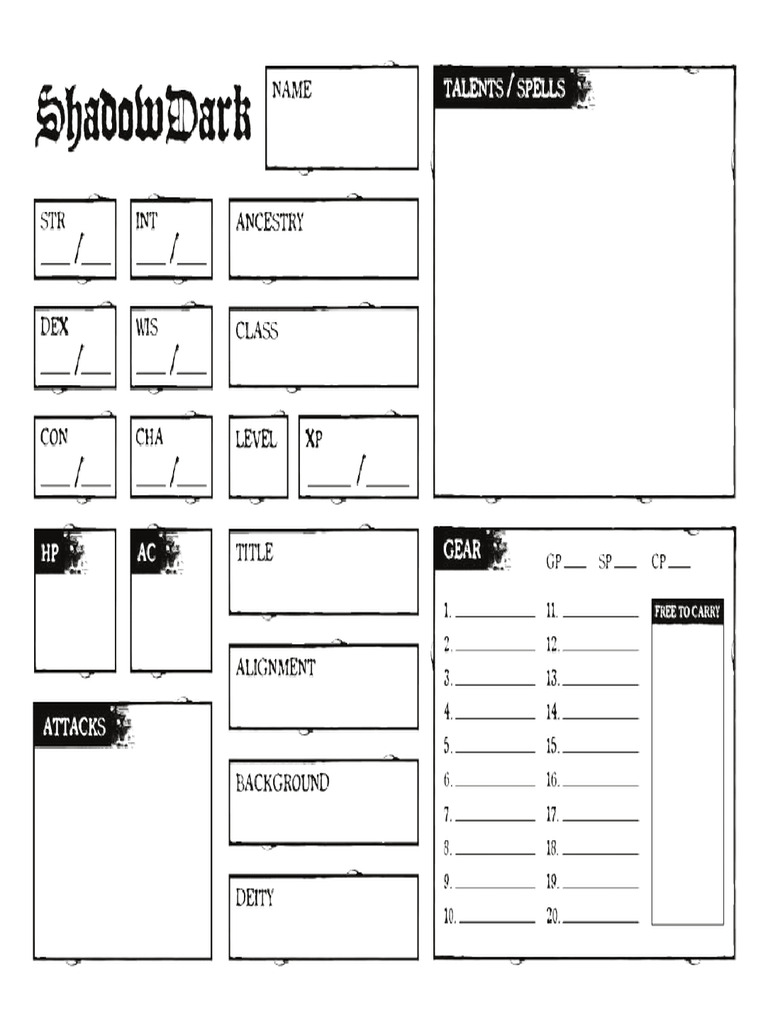 !character Sheet (Fillable) - Shadowdark | PDF