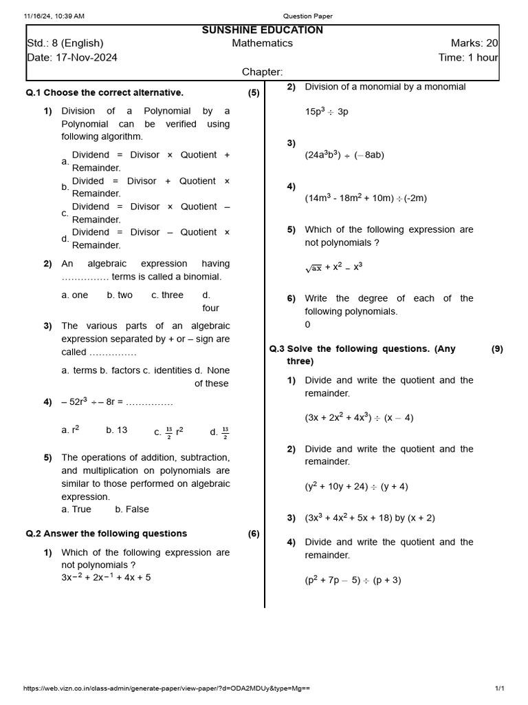 8th State Maths Division of Poly. | PDF | Division (Mathematics) | Polynomial