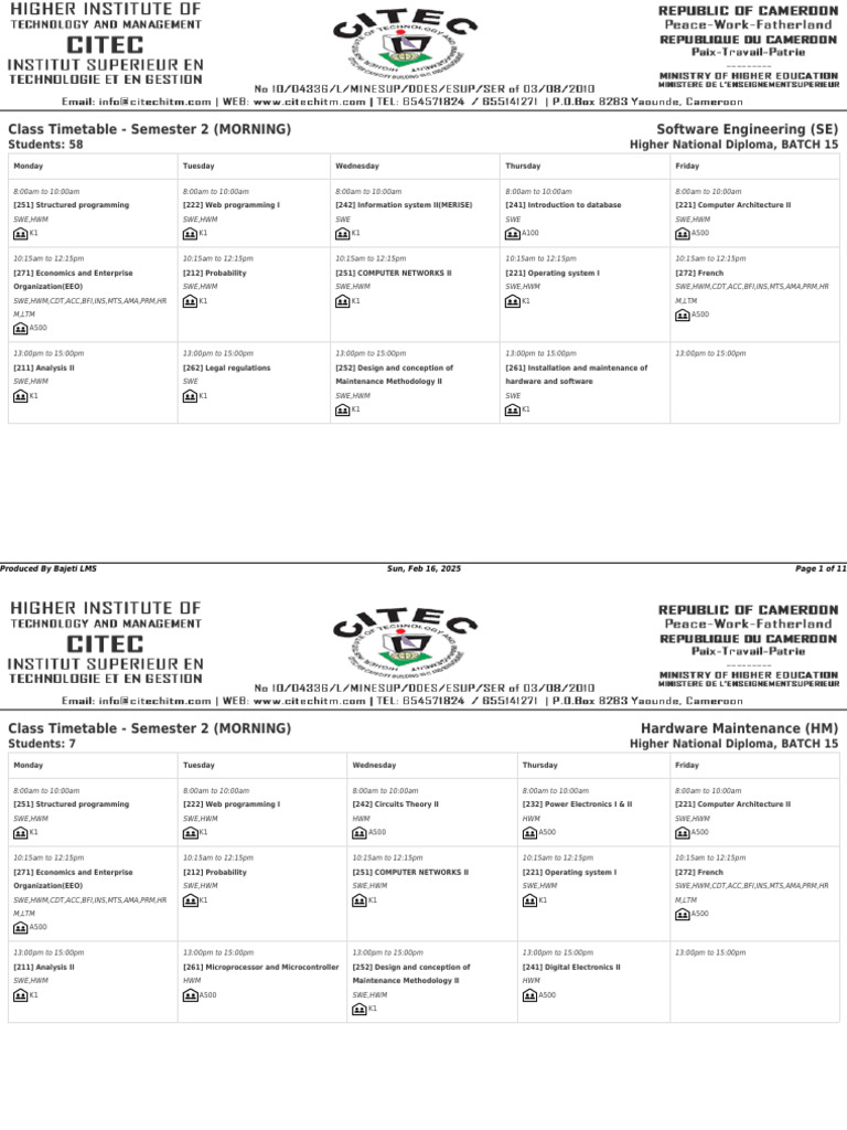 HND Batch 15 S2 Timetable Morning Clean | PDF | Human Resource Management | Economies