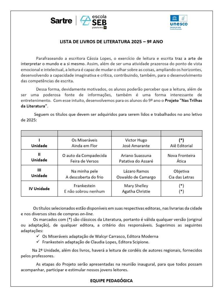 Lista de Literatura 2025 9º Ano Binóculo | PDF