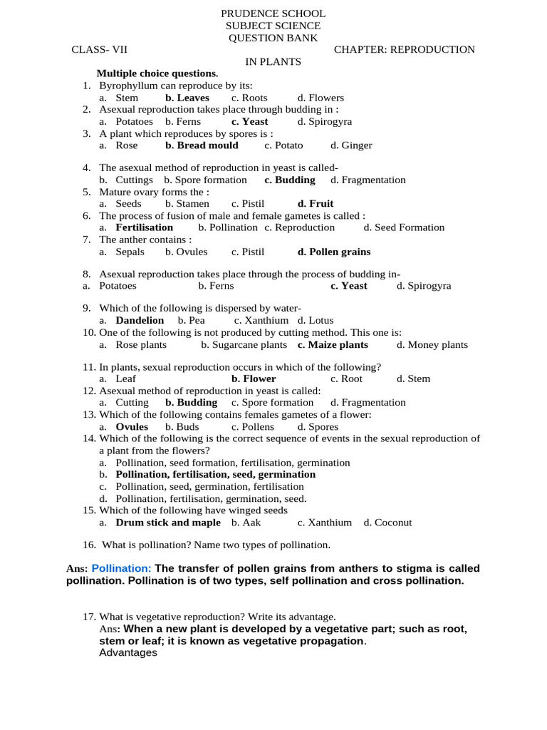 REPRODUCTION IN PLANTS Answer Key | PDF | Flowers | Plant Reproduction