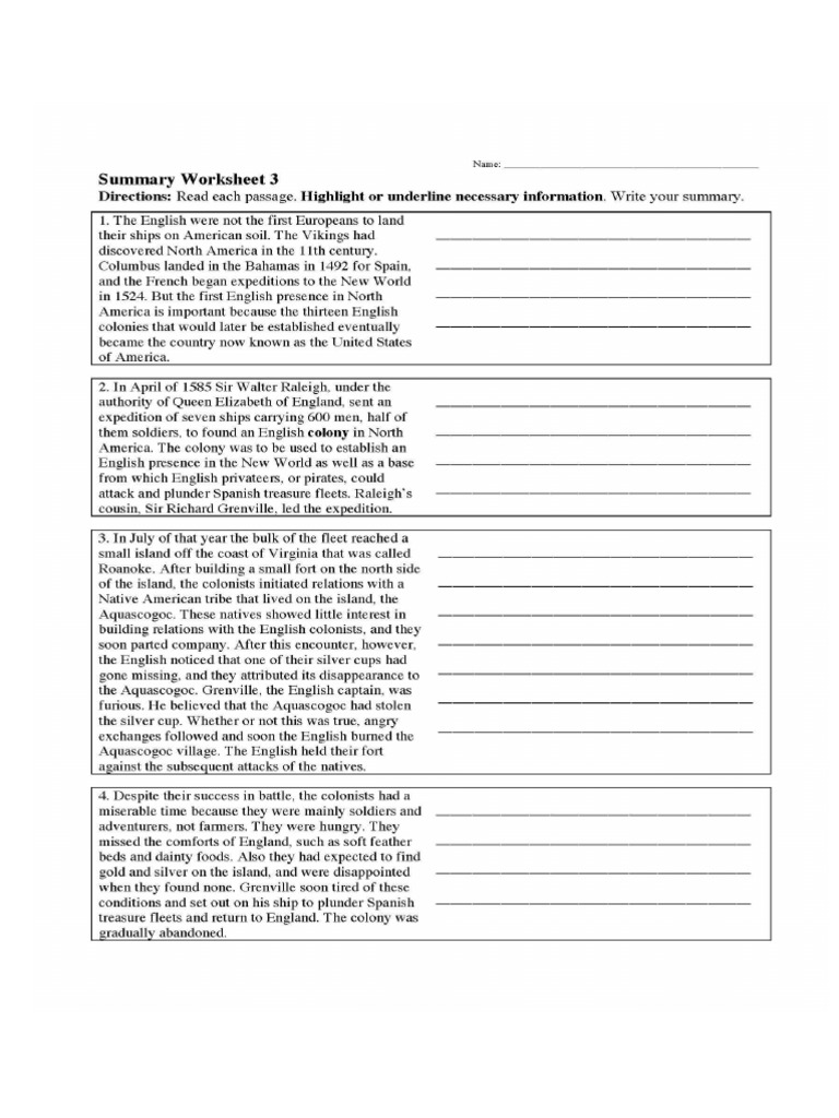 Summary Worksheet 3 | PDF