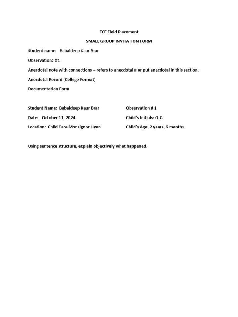 ECE Small Group Provocation Plan PLAR Week-1 | PDF | Preschool ...