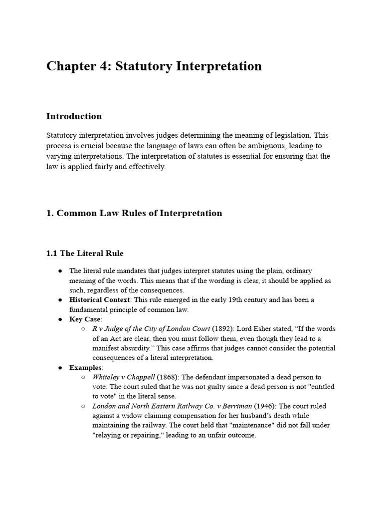 A Levels Law Notes Chapter 4 | PDF | Plain Meaning Rule | Statutory ...