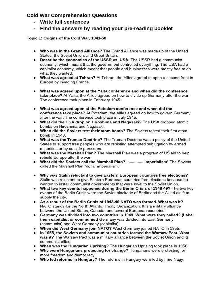 Cold War Comprehension Questions Guide | PDF | Cold War | Eastern Bloc