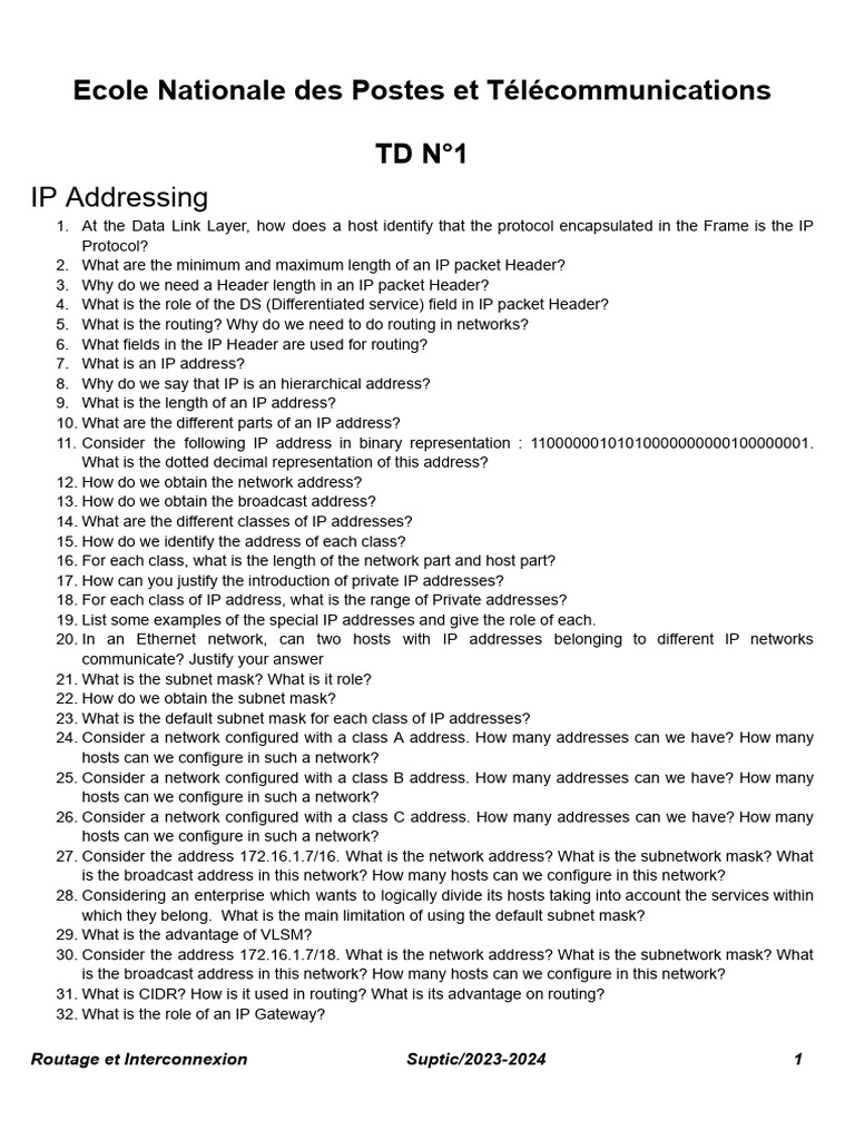TD1 - Routage Et Interconnexion Des Réseaux | PDF | Internet Protocols ...