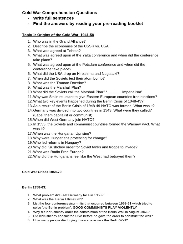 Cold_War_Comprehension_Questions | PDF | Cold War | Cuban Missile Crisis