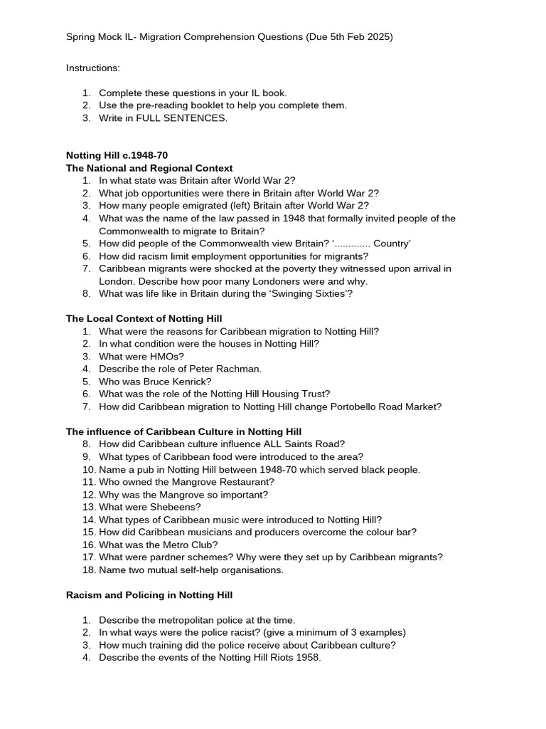 Migration Comprehension Questions Guide | PDF | Human Migration | England