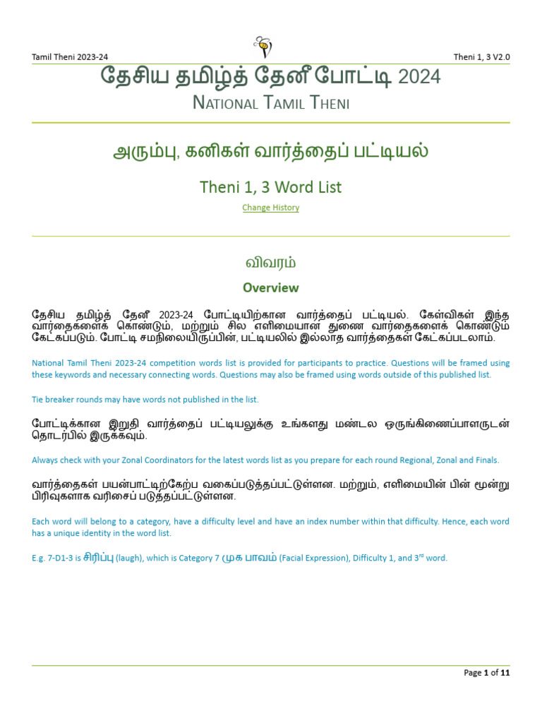 TT2024 Word List Theni 1 - 3.docx V2.0 | PDF