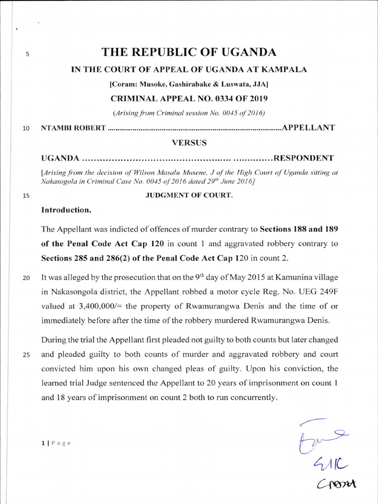 Ntambi Robert V Uganda (Criminal Appeal No 334 of 2019) 2022 UGCA 264 (25 October 2022) | PDF ...