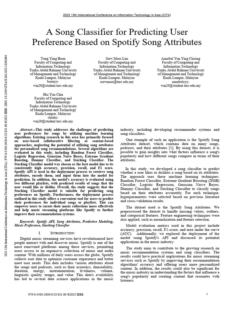 A Song Classifier For Predicting User Preference Based On Spotify Song Attributes Pdf