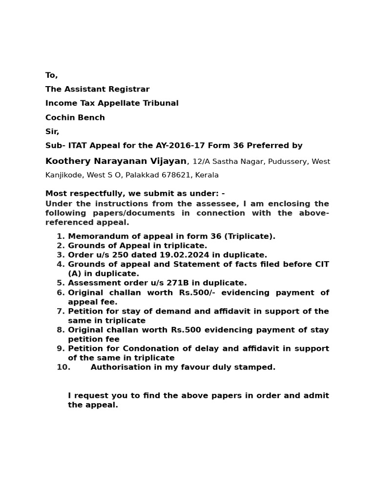 ITAT Appeal Submission for AY 2016-17 | PDF