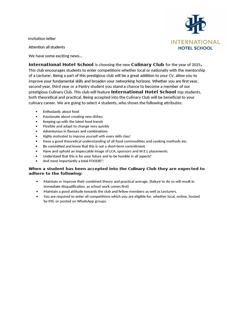 Culinary Club Welcome Letter | PDF | Chef | Cooking