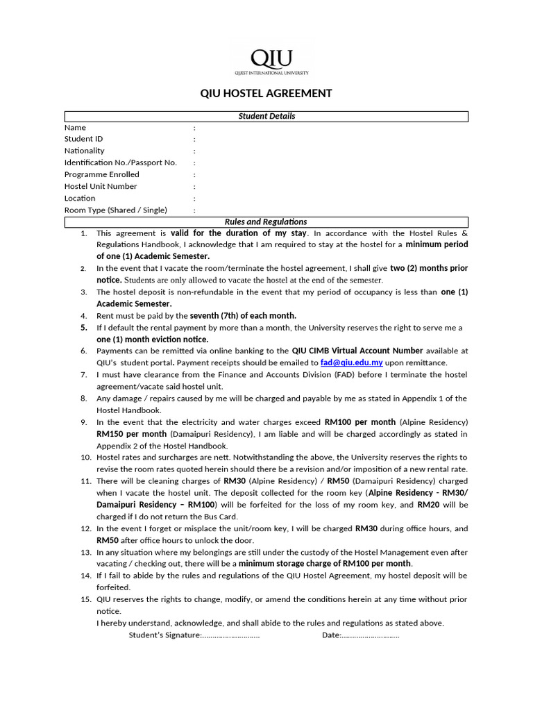 Hostel Agreement Form 20240712 | PDF