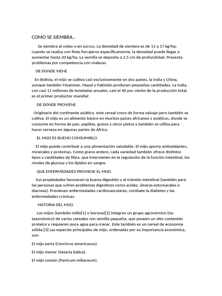 Propiedades y cultivo del mijo | PDF