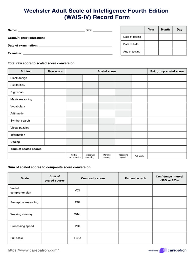 Wechsler Adult Scale of Intelligence Fourth Edition Wais IV Record Form | PDF | Wechsler Adult ...