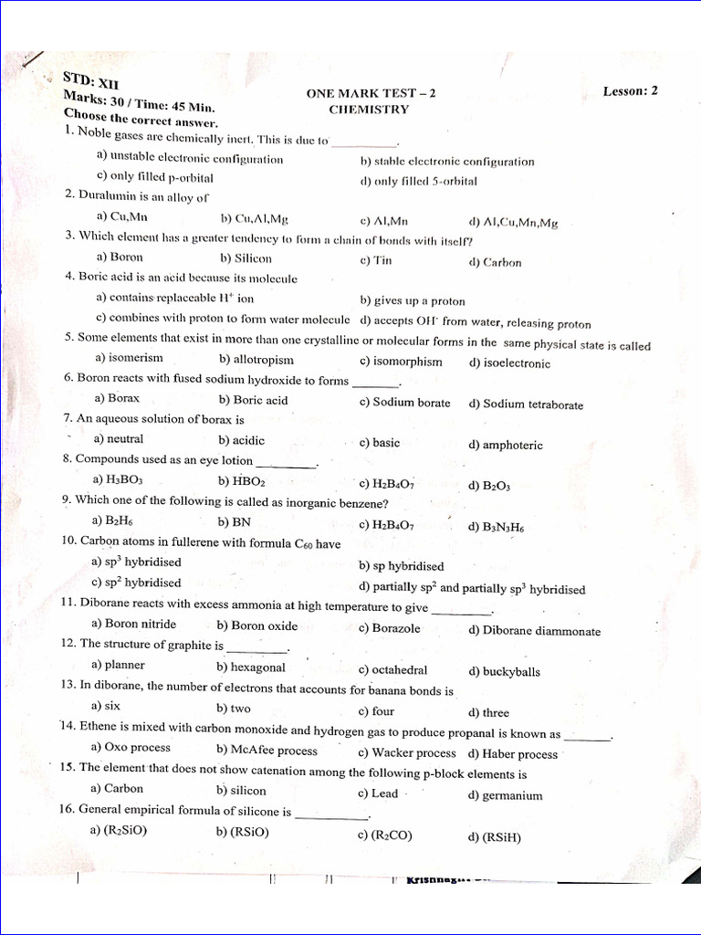 12th Chemistry EM 1 Mark Question Paper With Answer Keys 2 Krishnagiri District English Medium ...
